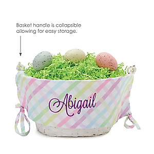 Personalized Easter Egg Basket with Handle and Custom Name in Purple Script | Multicolor Gingham Easter Basket Liners | White Basket | Woven Easter Baskets for Kids Adults | Customized Easter Basket
