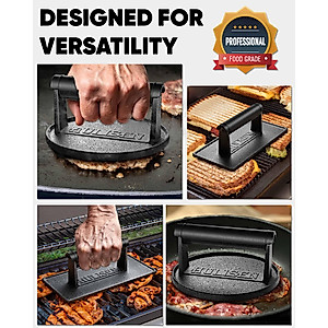 HULISEN Pre-Seasoned Cast Iron Burger Press, Heavy Duty 6” Burger Smasher for Griddle with Heat Resistant Handle, Grill Press for Hamburger, Bacon, Meat, Steak, Patty, Barbecue Grilling Tool, 2.3lb