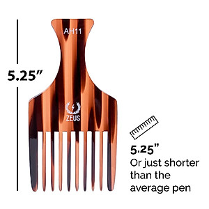 ZEUS Large Beard Pick, Best Handmade Afro Pick, Anti-Static & Anti Frizz, Thick & Curly Hair Tool, 5.25" - AH11