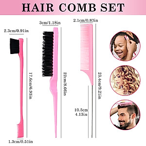 Sularpek 3 Pieces Slick Brush Set Bristle Hair Brush, Teasing Brush Edge Brush, Rat Tail Comb, for Edge & Back Brushing, Combing Slicking Hair for Women Girls (Pink)