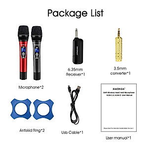 XIAOKOA Wireless Microphones,Dual UHF Karaoke Wireless Microphone System with Rechargeable Receiver for Party, Meeting,Church,Wedding