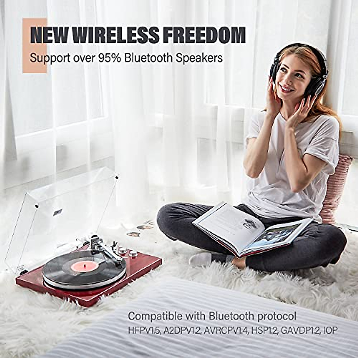 1 BY ONE Belt Drive Turntable with Bluetooth Connectivity, Built-in Phono Pre-amp, USB Digital Output Vinyl Stereo Record Player with Magnetic Cartridge, 33 or 45 RPM