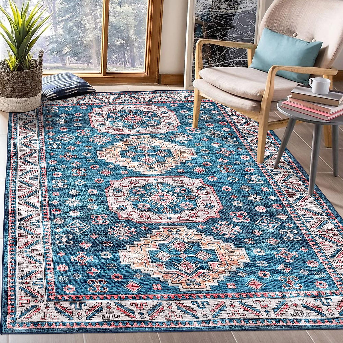 ROYHOME Area Rug Machine Washable Rug Small Throw Carpet 4x6 Rug Boho Area Rug Non Slip Distressed Area Rug Oriental Rug for Living Room Bedroom Kitchen, Blue 4' x 6'