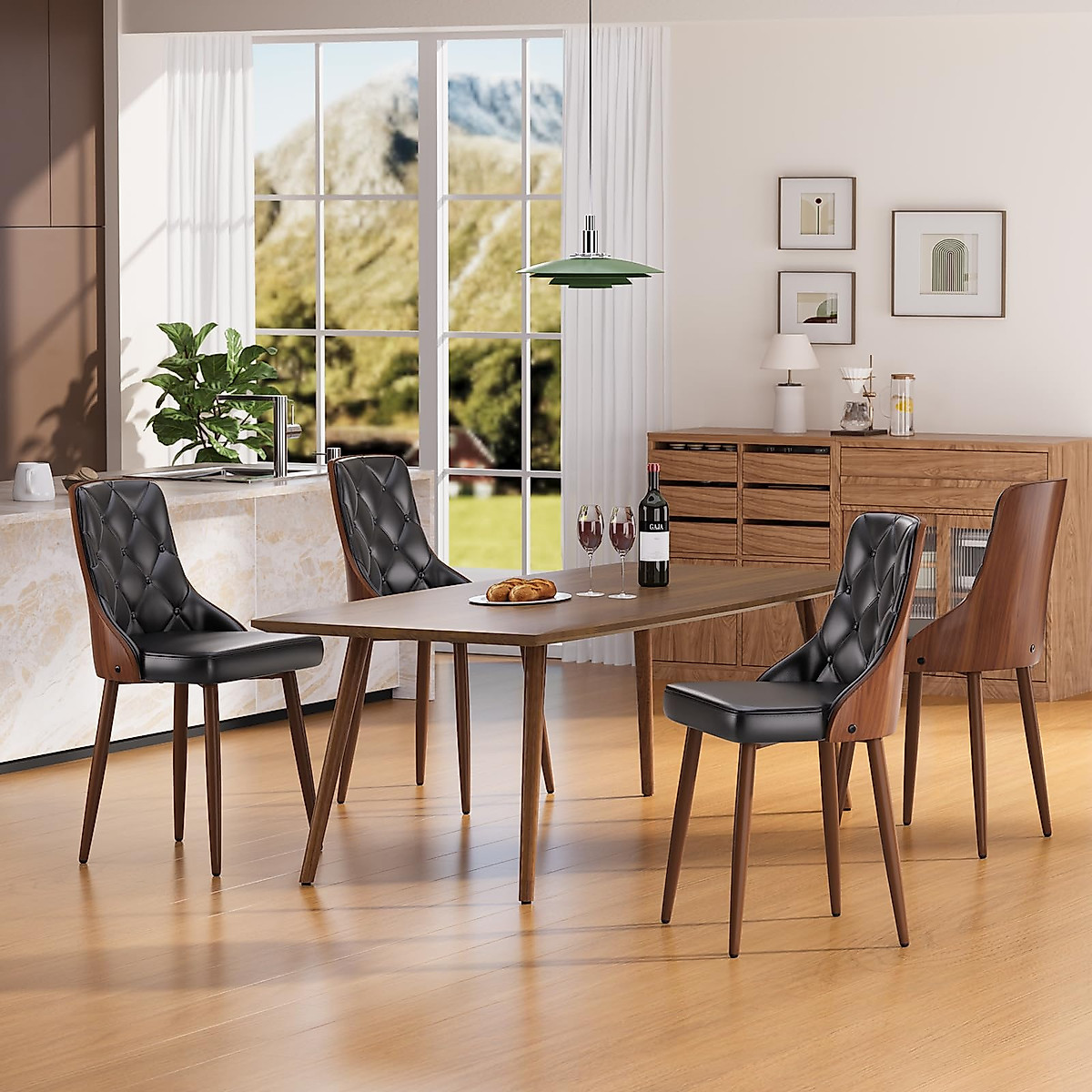 Aowos Dining Chairs Set of 2, Mid Century Modern PU Leather Upholstered Kitchen Chairs with Walnut Back and Iron Legs, Comfortable Seating for Kitchen, Dining Room, Bar Counter, Living Room (Black)