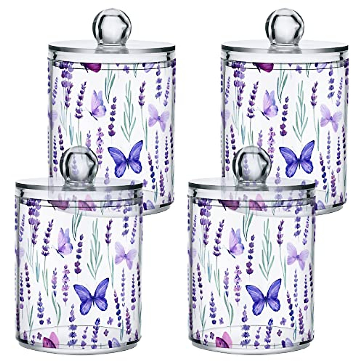 Kigai 2 Pack Lavender Flower Qtip Holders Dispenser Bathroom Vanity Organizers Clear Plastic Apothecary Jars with Lids for Cotton Ball, Cotton Swab, Cotton Round Pads, Floss