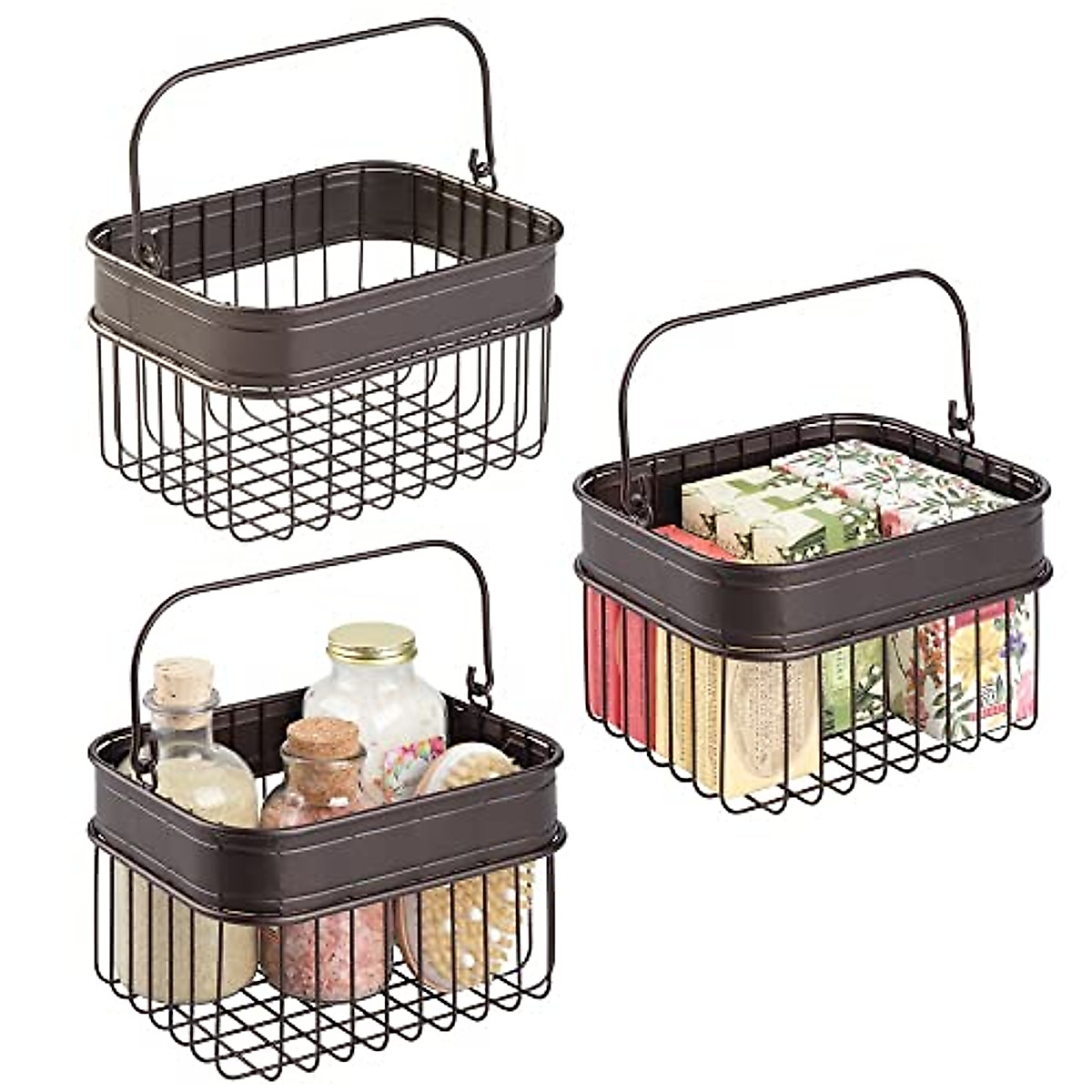 mDesign Small Metal Storage Basket Bin with Handle for Organizing Hand Soap, Body Wash, Shampoo, Lotion, Conditioner, Hand Towels, Hair Styling Accessories - Cameo Collection - 3 Pack - Bronze