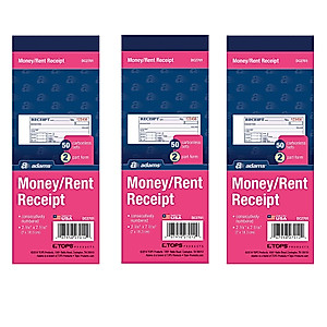 Adams Money and Rent Receipt Book, 2-Part, Carbonless, 2.75 x 7.19 Inch, 50 Sets, White and Canary (DC2701), 3 Pack