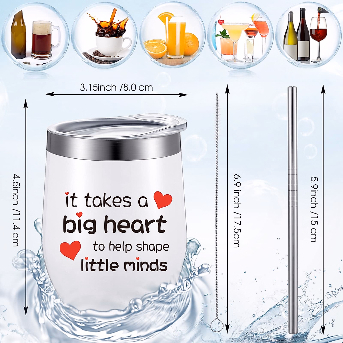 2 Pack Funny Teacher Appreciation Present, It Takes a Big Heart to Shape Little Minds, 12oz Double Wall Vacuum Teacher Cup with Lid Straw, Wine Glasses for Teacher (White and Black Words)