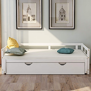 Flieks Daybed with Trundle Bed Twin to King Design Sofa Bed, 78.2" L x 79" W Extendable Bed Daybed for Bedroom Living Room (White)