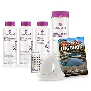 SpaGuard Chemical Balancer Maintenance Kit with Test Strips - Contains Spa Alkalinity Increaser, Calcium Increaser, pH Increaser, pH Decreaser, Scum Absorber, Test Strips & Hot Tub Care Log Book