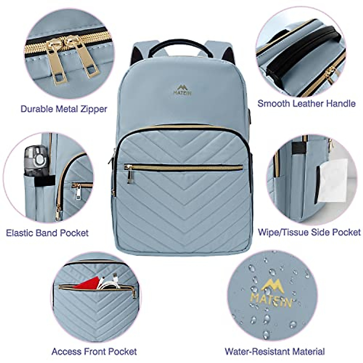 MATEIN 15.6 Laptop Backpack, Quilted Cute Slim Backpacks for Women with Luggage Strap & Leather Handle, Lightweight Fashion Travel Computer Bag Padded Durable Casual Daypack for Office, Business, Blue