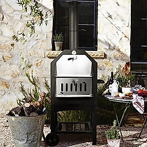 Waleaf Outdoor Pizza Oven, Wood Fired Pizza Oven for Outside with Grill, 12 in Pizza Stone and Wheels, Pizza Maker Camping Cooker with 2 Layer Steel for Backyard Party