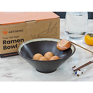 ARTISENO Ceramic Ramen Bowl Set- 2 Sets of 60oz Japanese Ramen Bowl with Chopsticks and Spoons, Ramen Noodle Bowl, Pho Bowls, Cute Bowl, Udon Ramen bowls, Noodle Bowl with Chopsticks, Black