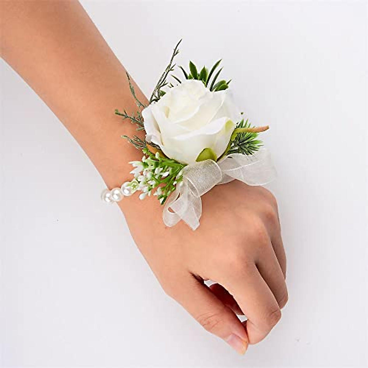 GOESUP 2 Pack Wedding Wrist Flower Floral Ivory Rose Wrist Corsage Hand Flowers for Wedding Engagement Bride Bridesmaid (White)