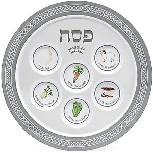 The Dreidel Company Passover Classic Silver Seder Plate, Melamine Silver Design Passover Seder Plates, Traditional Kaarah For Pesach 12" (Single)