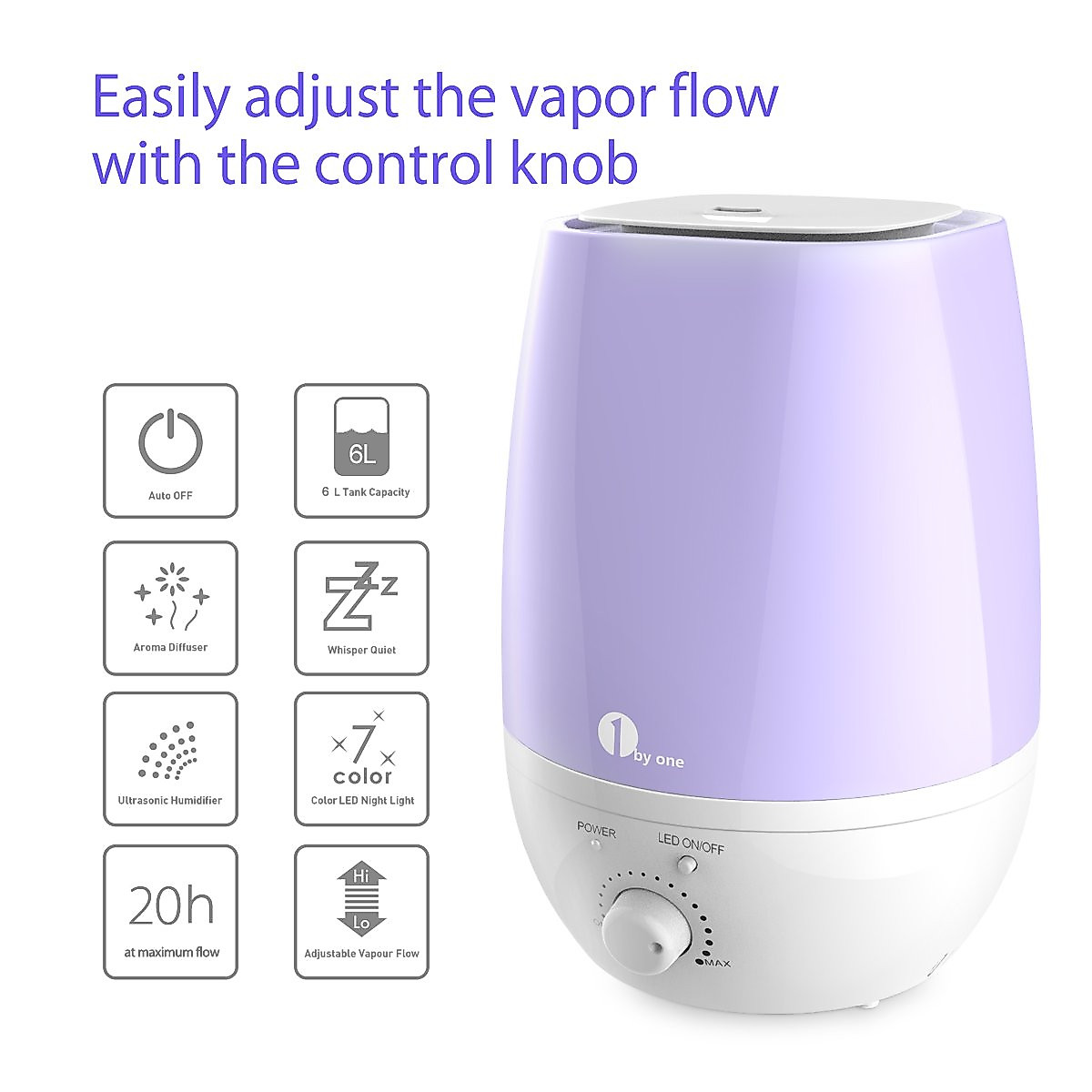 1byone Humidifiers for Bedroom 6L Cool Mist Air Ultrasonic for Plants Indoor with Essential Oils Diffuser for Baby Kids, with 7 Colour Night Light, Ultra Quiet & Easy to Clean, Auto Shut-off, Blue