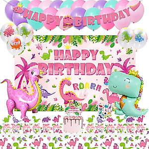 Mpanwen Girl Dinosaur Birthday Party Supplies, Pink Dinosaur Dino Party Decorations for Girls Baby - Backdrop, Banner, Cake, Cupcake Toppers, Cupcakes Wrappers, Balloons and Tablecloth