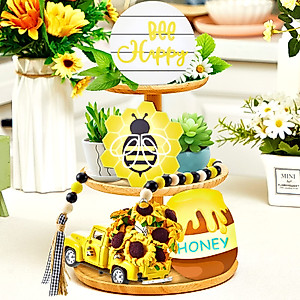 Zhanmai 35 Pieces Bee Tiered Tray Decor, Spring Summer Farmhouse Tiered Tray Decorations Sunflower Honey Bee Tier Tray Farmhouse Mini Wood Decor Bee Sign Decor for House Table Decor Birthday Party