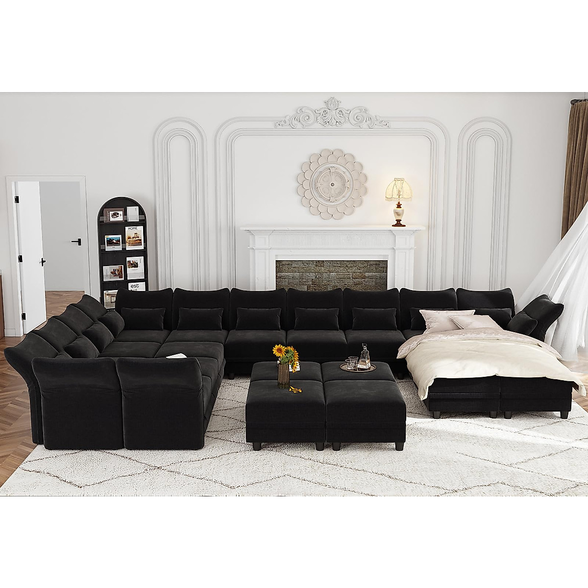 LLappuil Oversized Sleeper Sectional Sofa with Storage 21 Seater Modern U Shaped Modular Sectional Couches for Living Room, Adjustable Armrest Backrest, Chenille, Black