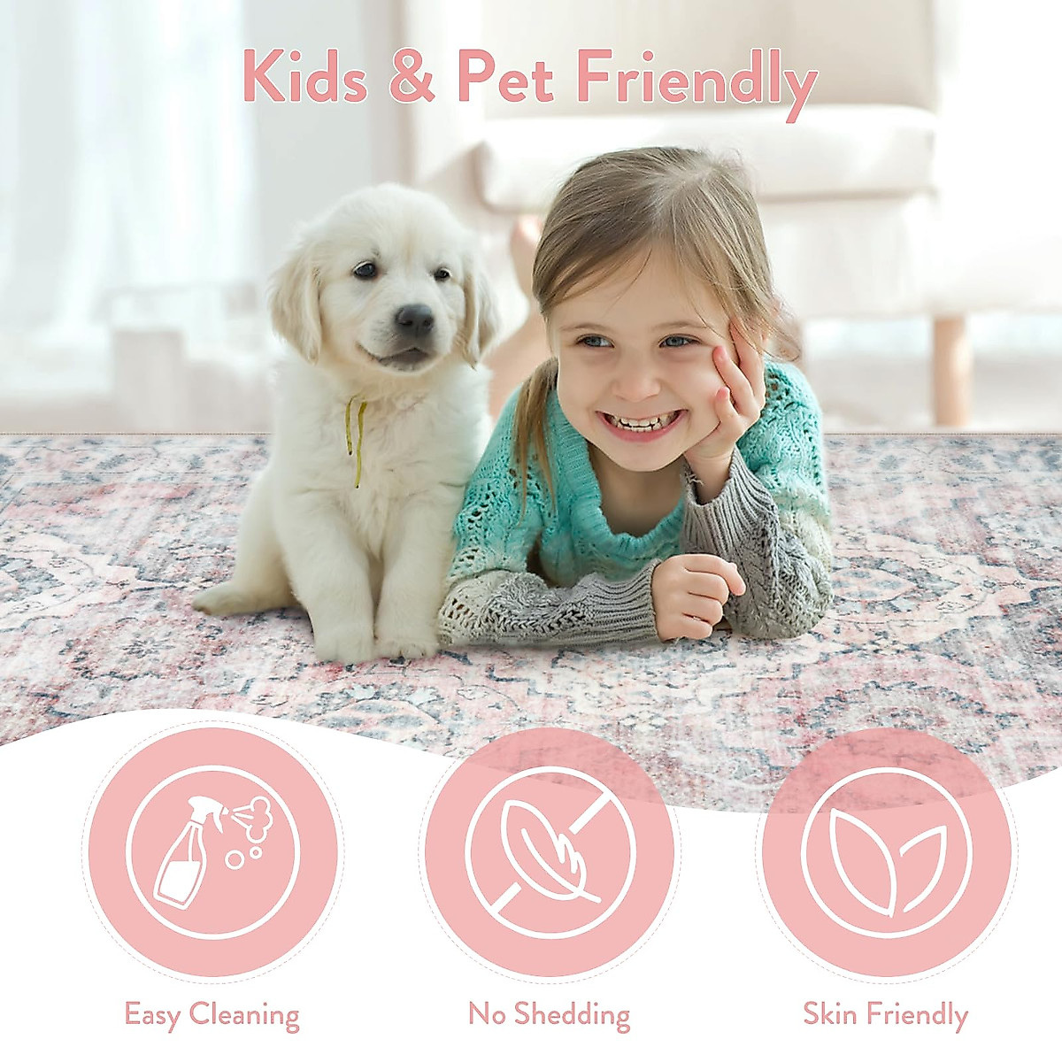 LIVEBOX Washable Rugs 8x10 for Girls Bedroom, Light Pink Area Rugs for Girls Room, Soft Non-Shedding Boho Living Room Rugs, Low-Pile Floral Rug Faux Wool Bedroom Rug 8x10 Under Bed, Blush/Blue