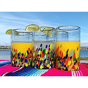 Hand Blown Mexican Drinking Glasses – Set of 6 Confetti Carmen Design Glasses (14 oz each)