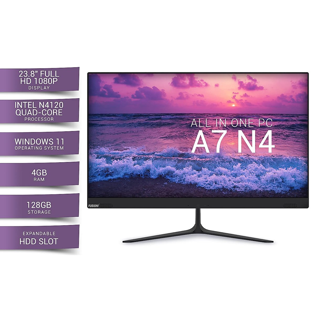 23.8" Full HD IPS All-in-One Desktop Computer with Windows 11 - Intel N4120 QuadCore, 4GB RAM, 128GB SSD, Dual-Band WiFi, Bluetooth, Expandable HDD - AIO PC with Front Camera, Wireless Keyboard, Mouse