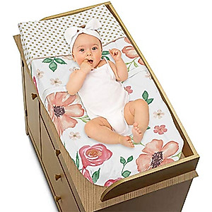 Sweet Jojo Designs Peach, Green and Gold Changing Pad Cover for Watercolor Floral Collection - Pink Rose Flower