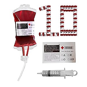 Blood Bags for Halloween Party Drink Favors and Supplies 10 Pack with Fake Blood Type Stickers Extra Syringe and Clips, IV Bags for Drinks for Vampire/Nurse/Hospital Theme Party Props
