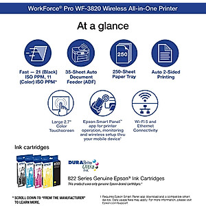 Epson Workforce Pro WF-3820 All-in-One Wireless Color Inkjet Printer for Office - Print Scan Copy Fax - 21 ppm, 8.5 x 14, 4800 x 2400 dpi, 35-Sheet ADF, Auto 2-Sided Printing, Ethernet, WiFi, USB