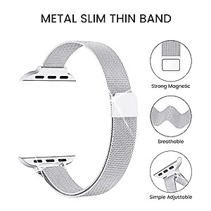 ZXCASD Metal Bands Compatible with Apple Watch Band 38mm 40mm 41mm for Women,Slim Stainless Steel Loop Magnetic Clasp Strap for iWatch Series 8 7 6 5 4 3 2 1 SE（38mm 40mm 41mm,Silver