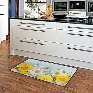 susiyo Kitchen Mat Sunflower Daisy On Blue Wooden Kitchen Rug Mat Anti-Fatigue Comfort Floor Mat Non Slip Oil Stain Resistant Easy to Clean Kitchen Rug Bath Rug Carpet for Indoor Outdoor Doormat