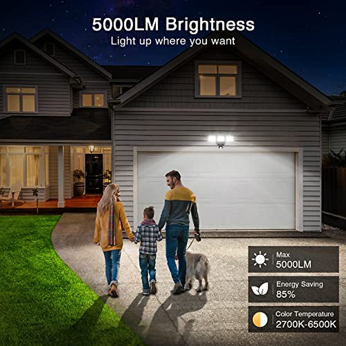Smart LED Security Lights, 36W 5000LM Dimmable Motion Sensor Lights Outdoor, 2700K-6500K, IP65 Waterproof, App Group Control, Dusk to Dawn Security Flood Light for Garage, Yard, Porch