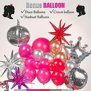 Hot Pink Red Silver Disco Balloon garland arch kit with Disco ball Starburst Crown balloons for girl birthday Disco dance theme 2024 graduation Prom party Decorations
