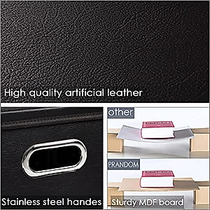 PRANDOM Leather Foldable Cube Storage Bins 13x13 inch [4-Pack] Fabric Storage Baskets Cubes Drawer with Cotton Handles Organizer for Shelves Toy Nursery Closet Bedroom Clothes Black