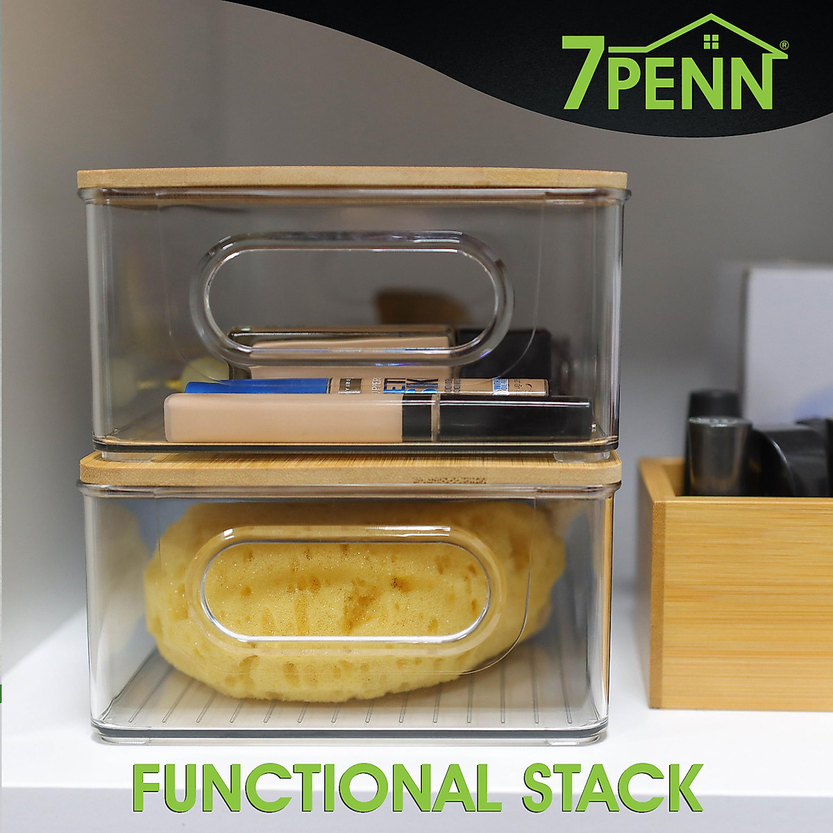 7Penn Stackable Storage Bins with Lids - 2 Pack Bamboo Lid Storage Containers for Home Organizing - Clear Acrylic Stacking Container for Pantry, Bathroom, Kitchen, Fridge, or Closet Organization