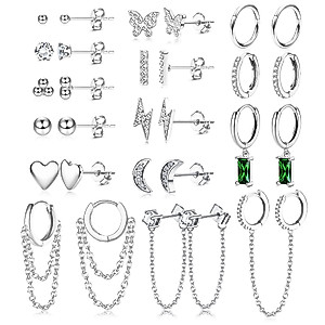 LOYALLOOK Studs Earrings and Hoops Set for Women Huggie Hoop Studs Earrings Set Dainty Minimalist Moon Heart Butterfly CZ Ball Small Dangle Chain Hoop Earrings Set for Multiple Piercing