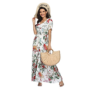 VintageClothing Women's Floral Maxi Dresses Boho Button Up Split Summer Casual Long Dress Beach Party Dress, L