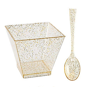 I00000 200 Pieces Small Plastic Dessert Cups with Mini Spoons Gold Glitter, Premium Quality, Includes Disposable Square Cups 2 Oz and 100 Pieces Gold Spoons