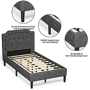 GORELAX Upholstered Twin Bed Frame, Mattress Foundation with Curved Button Tufted Headboard & Wooden Slats, Diamond Stitched Panel Bed Base, Easy Assembly, 16 inch Tall Single Platform Bed Frame Grey