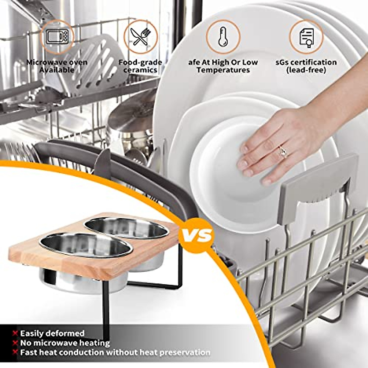 PEJOYT Elevated Cat Ceramic Bowls - Adjustable Tilted Bamboo Raised Dog Bowls for Small Dogs Pet Food and Water Dish Feeder with Stand