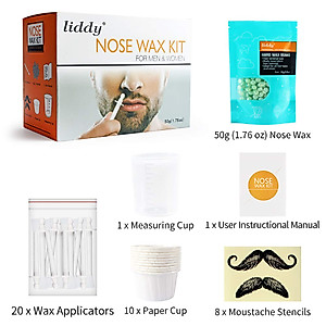 Nose Wax Nose Hair Wax Kit for Men and Women Nose Hair Removal Wax 50g Wax 20 Wax Applicators 10 Nose Wax Pod 1 Measuring Cup 8 Moustache Stencils