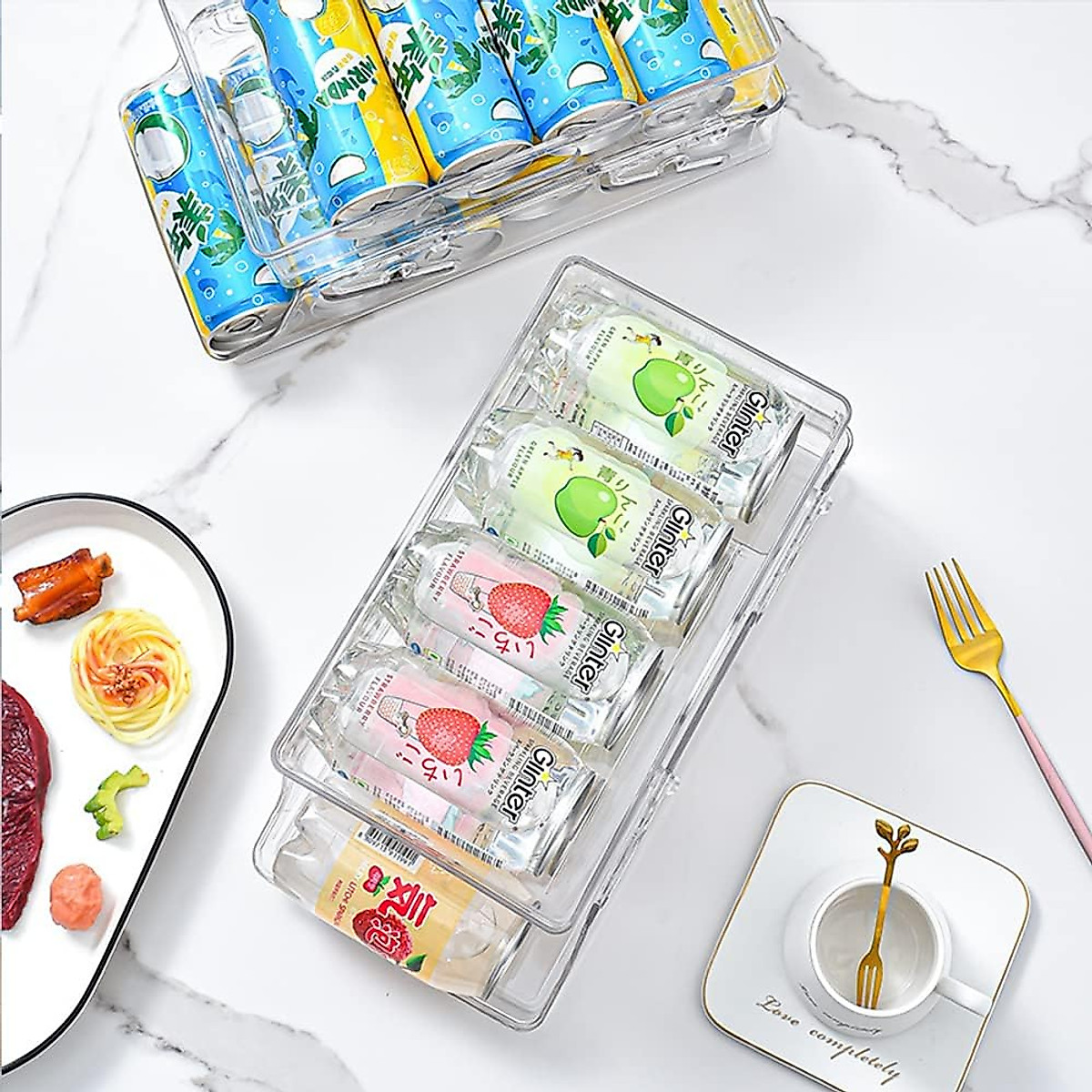 ROWNYEON Rolling Refrigerator Organizer Bins， Pop Soda Can Dispenser with Lid for Fridge, Pantry, Freezer， Beverage Holder，Canned Food Organizer – holds up to 11 tall and slim skinny cans