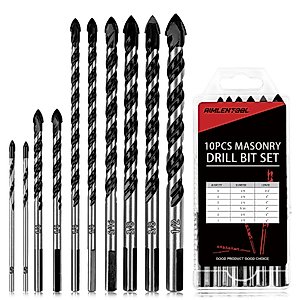 AIMLENTOOL Masonry Drill Bits Set, 10pcs Concrete Drill Bits, 1/8" to 1/2" Multifunction Drill Bit Set with Industrial Strength Carbide Tipped for Brick, Tile, Cement, Ceramic, Glass, Plastic