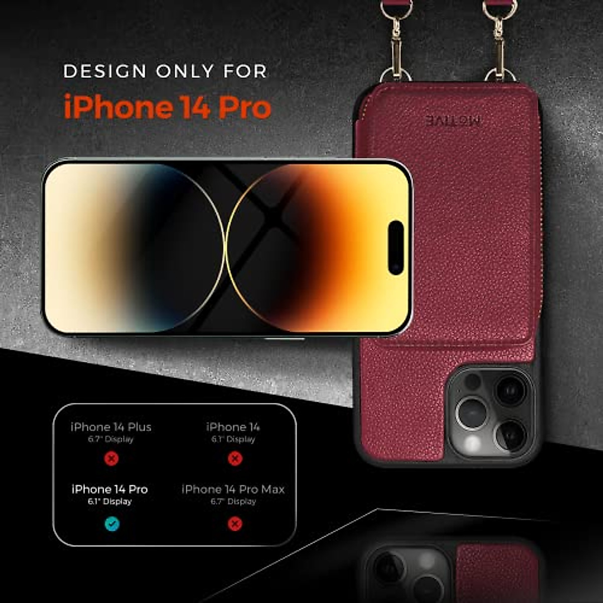 MOTIVE for iPhone 14 Pro Wallet Case, Designed in New York, Crossbody Phone Case for Apple iPhone, Zipper Purse Case Wallet with RFID Blocking Card Holder | 6.1" Color Red Wine - Fancy Series