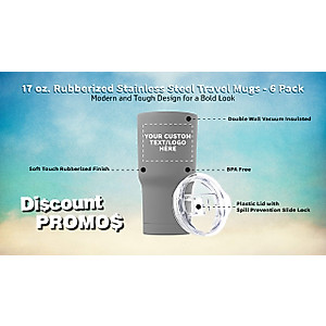 Personalized 17 oz. Rubberized Stainless Steel Travel Mugs - 6 Pack - Custom Text, Logo - Grey