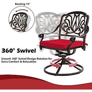MAIBH Outdoor 5 Piece Cast Aluminum Bistro Set, Patio Table and Swivel Rocker Chairs Set of 4, Metal Patio Furniture Set with Umbrella Hole (35.4''Dia x 29.5''H, Lotus Pattern B) (Red)