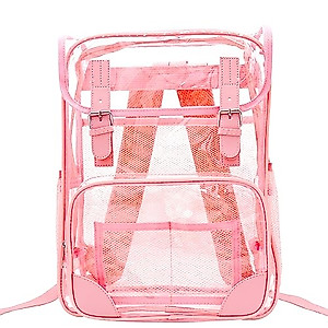 IUULOB Clear Backpack Heavy Duty PVC Transparent Backpack with Leather Trim Large Capacity Backpacks for School (Pink)
