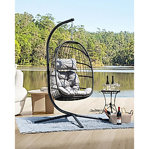 HWB Hanging Egg Chair with Stand, Patio Wicker Hammock Egg Swing Chair with Cushion for Bedroom Garden Indoor Outdoor (Grey)