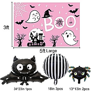 129 Pcs Halloween Balloon Arch Garland Kit with Pink Black Rose Red Balloons Bat Spider Foil Balloons and Boo Themed Backdrop for Girl Birthday Party Halloween Party Decorations