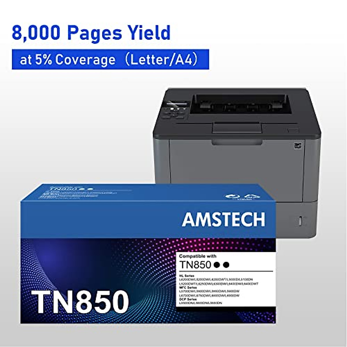Amstech TN850 TN 850 TN-850 High Yield Toner Cartridge 2 Pack Compatible Replacement for Brother TN850 TN820 HL-L6200DW MFC-L5850DW MFC-L5700DW L5900DW HL-L5200DW MFC-L5900DW MFC-L6800DW Printer Black